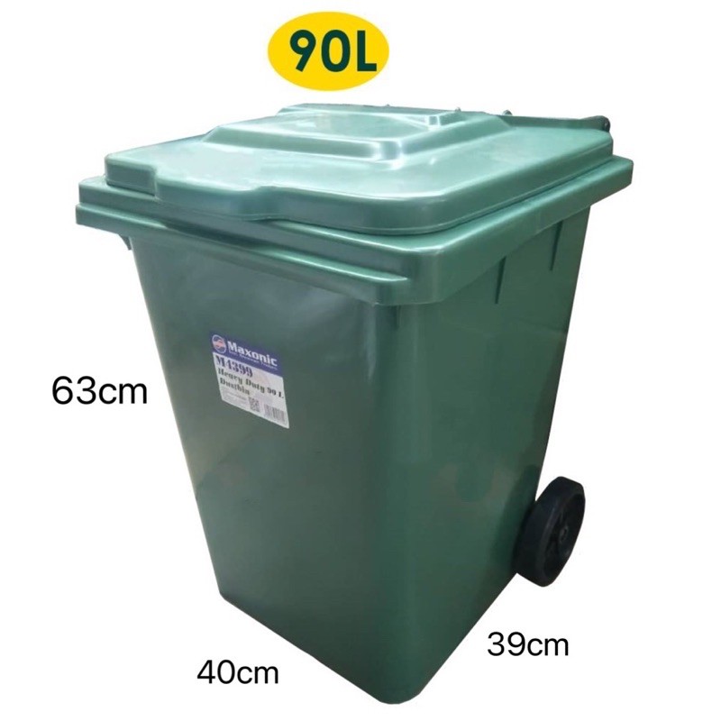 MAXONIC Heavy Duty 90L Green Plastic Dustbin With Wheels/Big Garbage Trash Recycle Bin/Tong ...