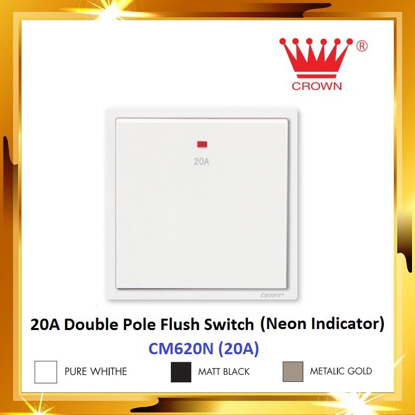 Crown CM 20A Double Pole Flush Switch c/w Neon Indicator CM620N ...