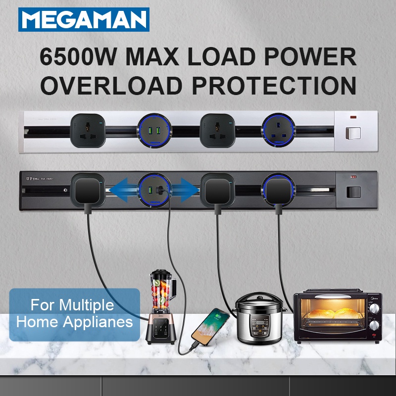 Megaman Power Track Socket 40cm 60cm 80cm 100cm Multi Socket Uk Usb Adaptor Socket Round Square