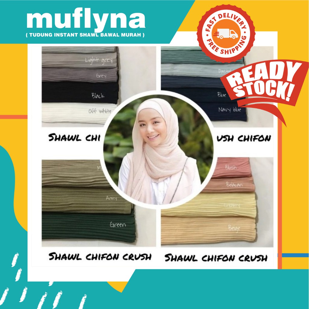 SHAWL PLEATED HALUS / SHAWL CRUSH CHIFFON PREMIUM BORONG MURAH (COLOUR ...