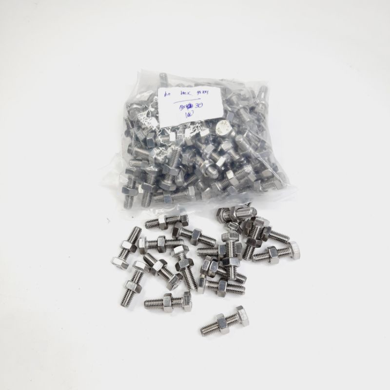 Bolt + Hex Bolt Nut + Nut Stainless SS 304 M 8 X 30 mm (Per Set ...