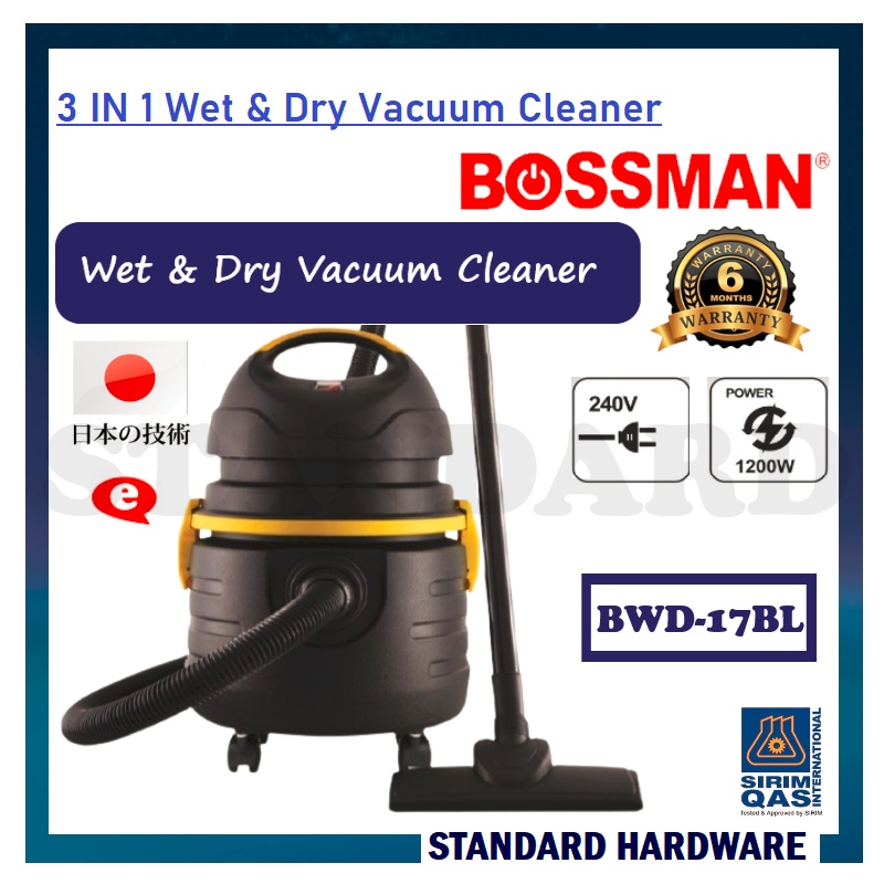 Bossman BWD-17BL 3 IN 1 /17 Litre Wet Dry Vacuum Cleaner 1200 Watt Max ...