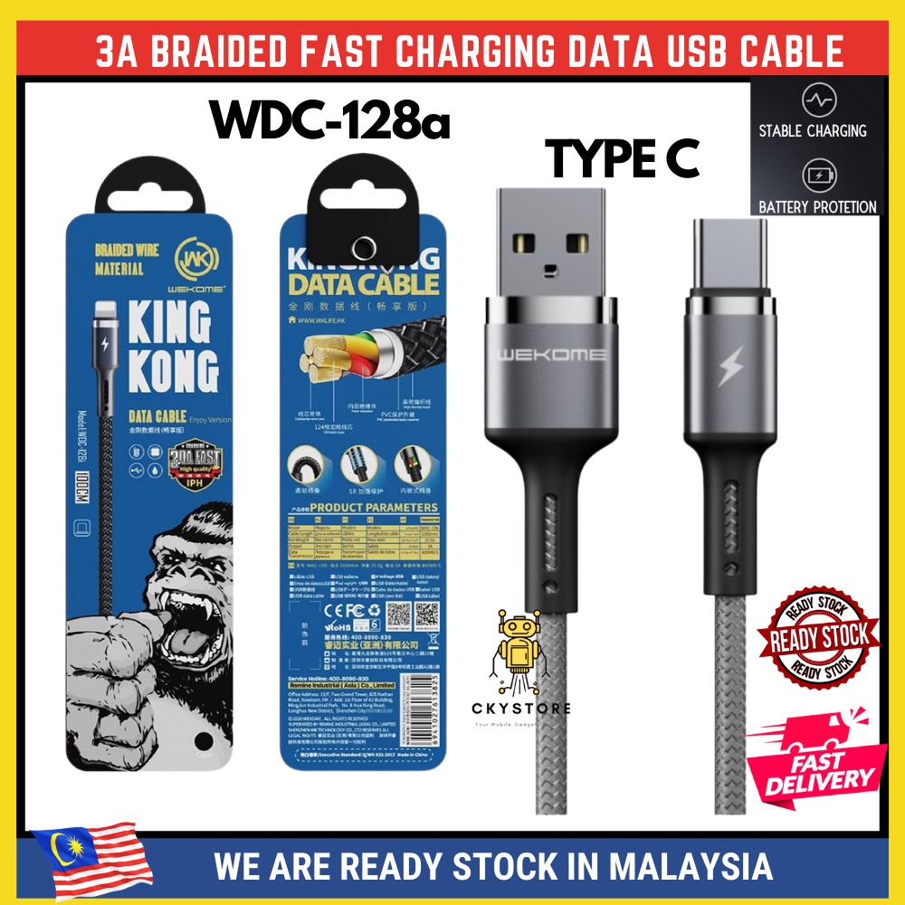 WK WEKOME WDC-128a Type C 3A KING KONG Braided Fast Charging Data USB Cable Tangle Free | Shopee ...