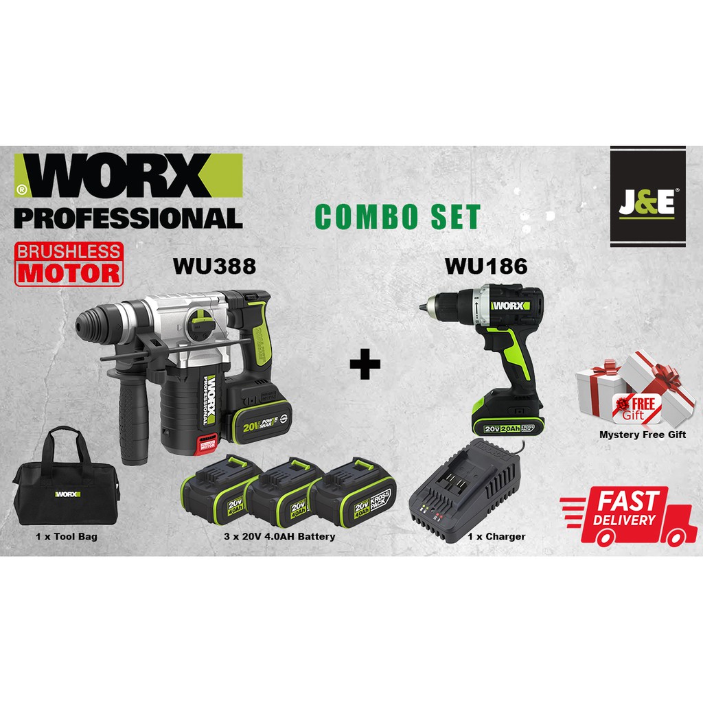 WORX PROFESSIONAL TOOL WU388 20V BRUSHLESS 24MM ROTARY HAMMER + WORX ...