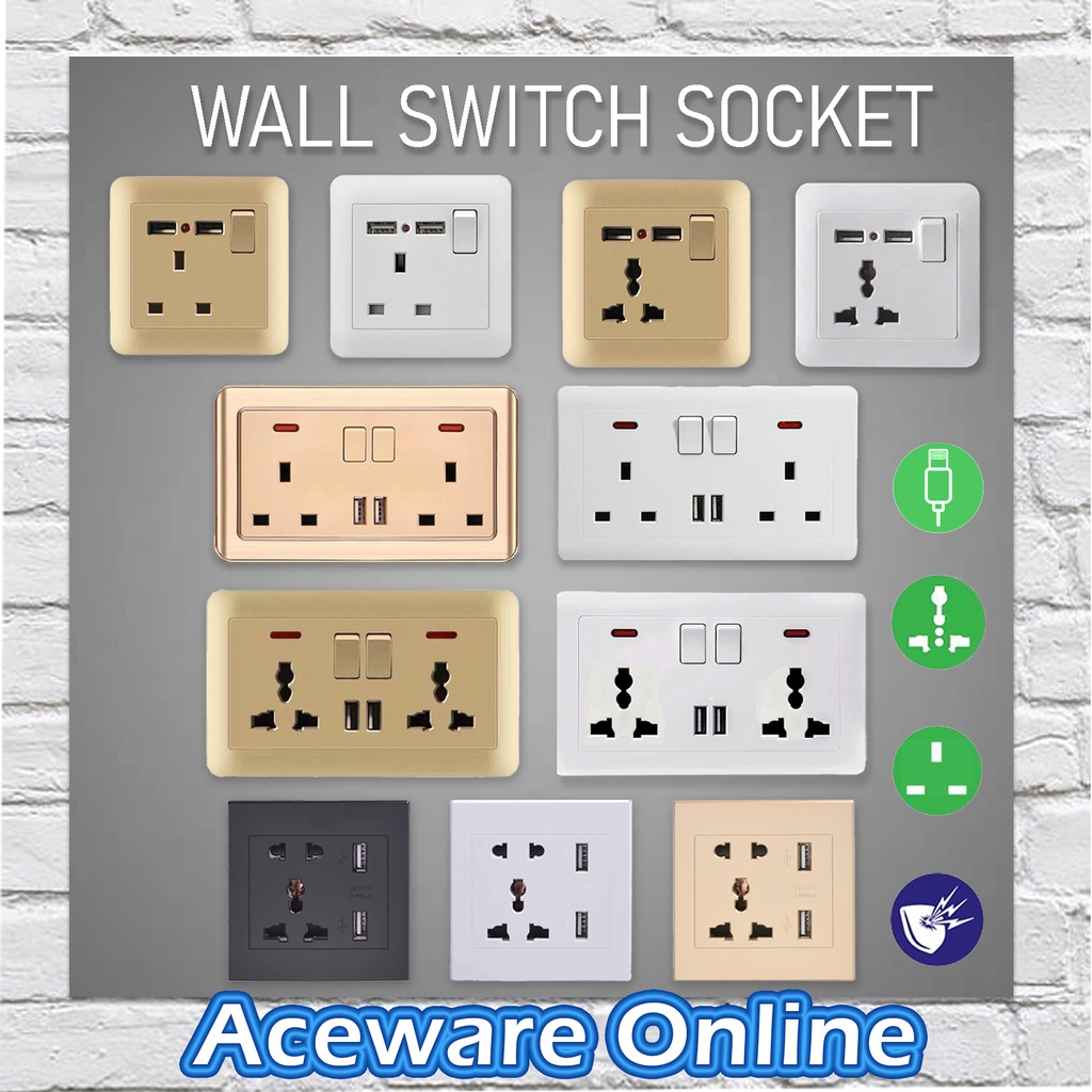 1 Gang / 2 Gang Wall Switch Socket 3 Pin USB Port Universal Plug Socket ...