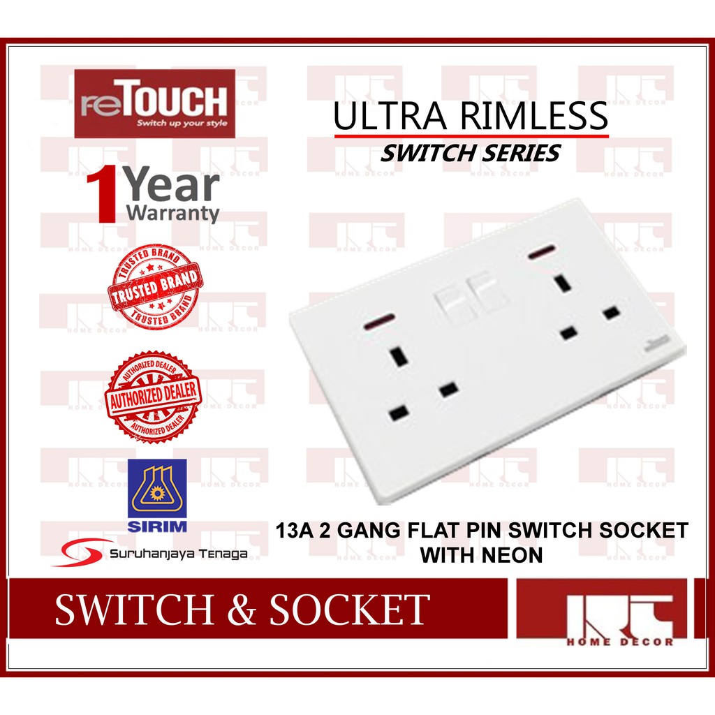 RETOUCH ULTRA RIMLESS 13A 2 GANG FLAT PIN SWITCH SOCKET FRAMELESS ...