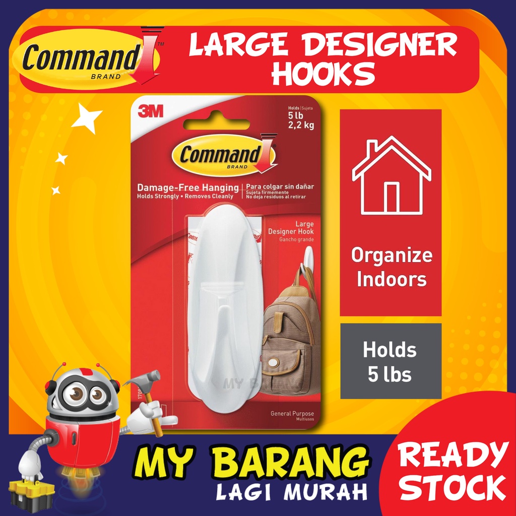 3M Command 17083 Large Designer Hook 1PC (1Pc/Pck) (Holds up to 2.2kg) Wall Adhesive Command ...