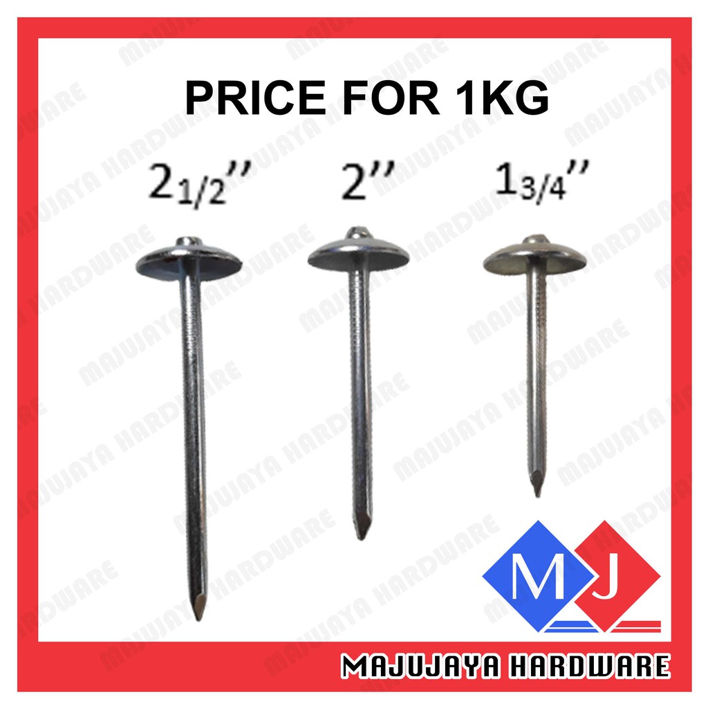 1KG Roofing Nails Paku Payung 1 3/4'' , 2'' , 2 1/2'' 50PCS PVC Black ...