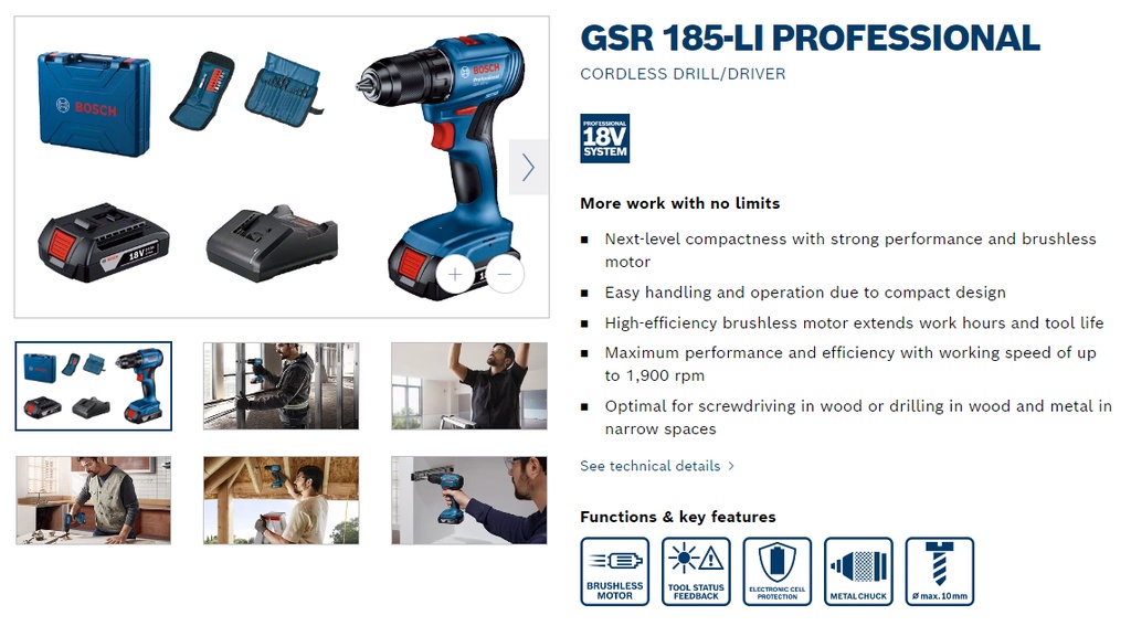 GSR185-LI BOSCH 18V Cordless Drill / Driver With Battery & Charger ...