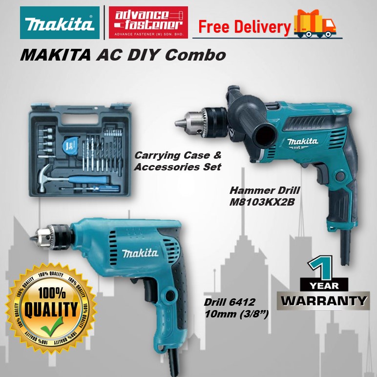 MAKITA AC DIY Combo ( Hammer Drill M8103KX2B + Drill 6412 + Carrying ...