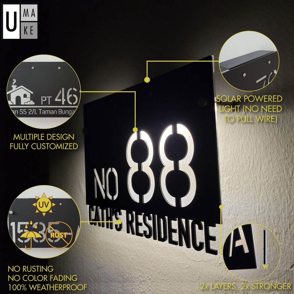 (Solar + LED) Modern Solar House Number & Address Sign Plate Tanda ...