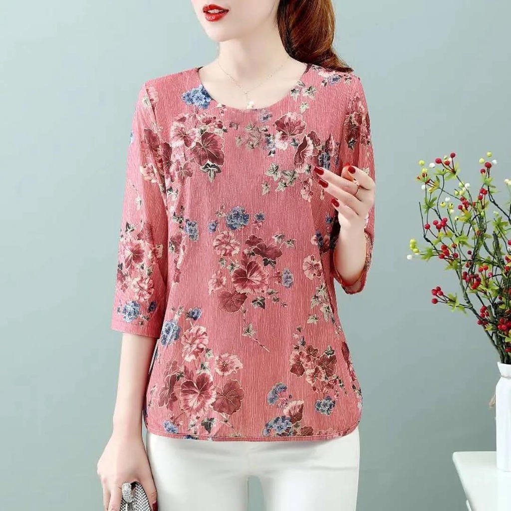 Women Blouse Plus Size Fashion Floral Round Neck Sleeve Top | Shopee ...