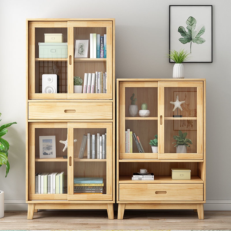 Bookcase Solid Wood Door Room Storage Cabinet American Study Wall Floor ...