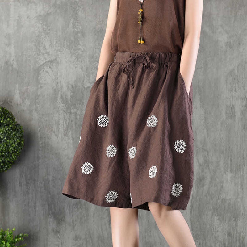 Shorts women's cotton summer new retro embroidery plus size high waist ...