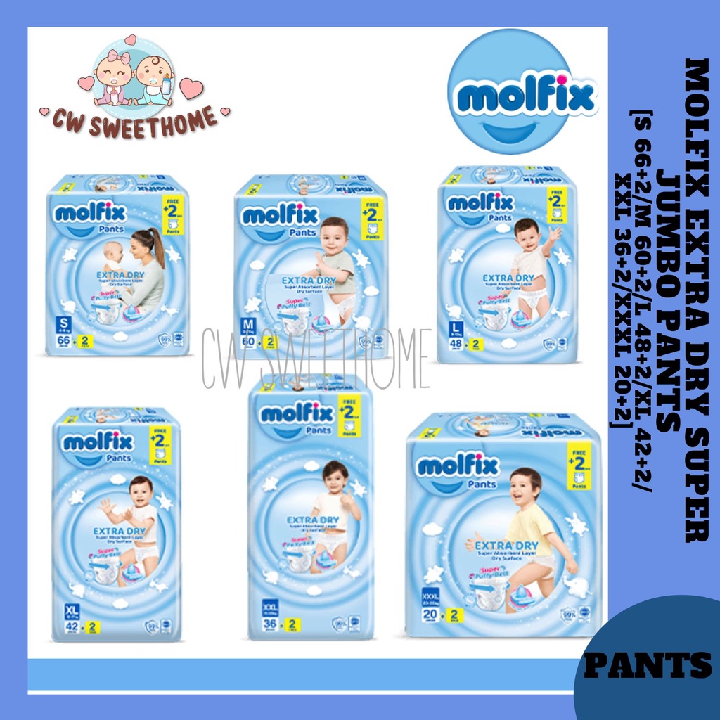MOLFIX EXTRA DRY SUPER JUMBO PANTS(S66+2/M60+2/L48+2/XL42+2/XXL36+2 ...