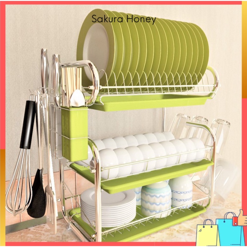Rak pinggan sinki Dish rack, 3 layer dish drainer, kitchen rack, rak ...