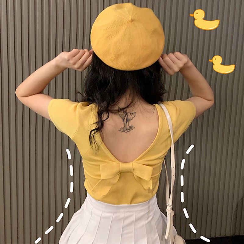 Women's Summer High Waist Student Stretchable Short Sleeve Ribbon Sexy ...