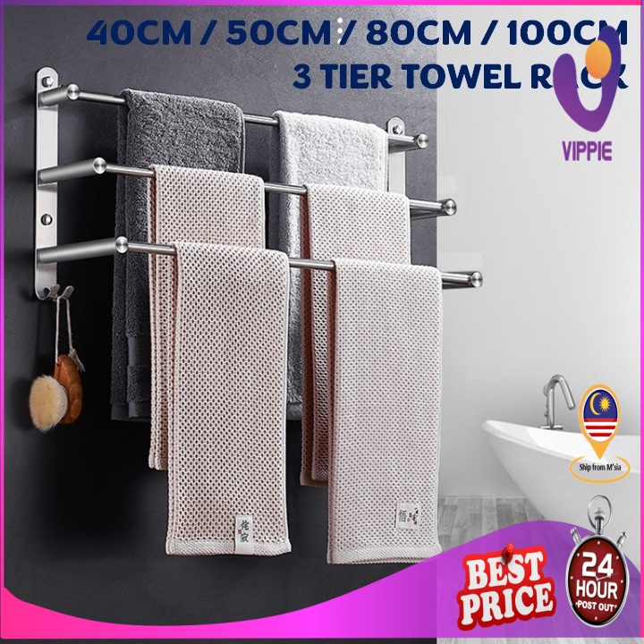 VIPPIE 40cm / 50cm / 80cm / 100cm Three Layer Towel Hanger Brief Space ...