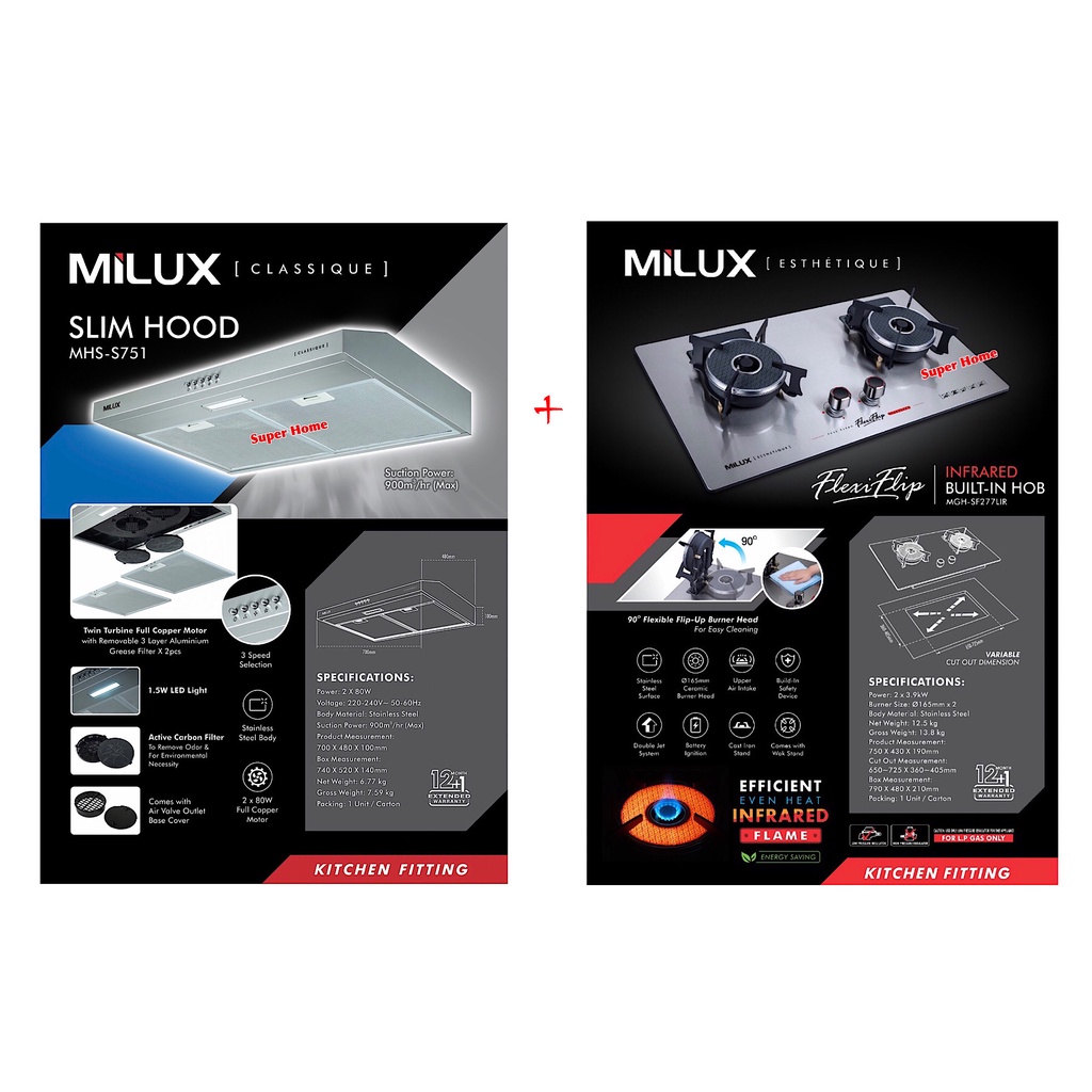 Milux Slim Hood MHS-S751 70cm Cooker Hood Recirculation Type + Milux ...
