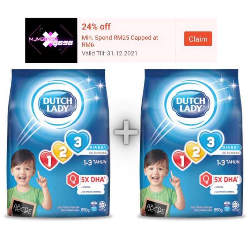 DUTCH LADY MILK POWDER PLAIN 123 (850G+850G) | Shopee Malaysia