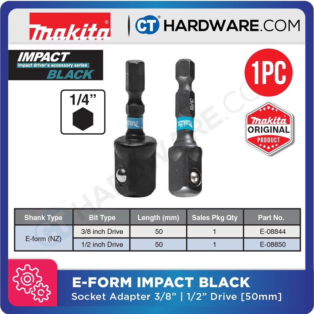 MAKITA E-FORM IMPACT BLACK SOCKET ADAPTOR 3/8" | 1/2" X 50MM | 1/4 ...