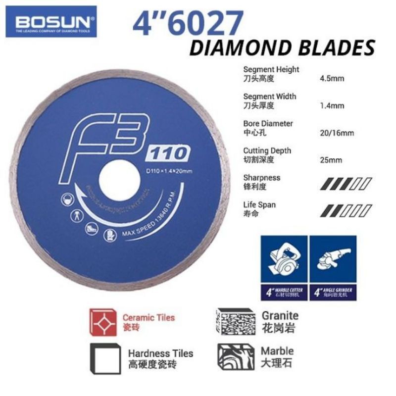 Bosun F3 6027 Diamond Wheel 4"(110mm)Original Cutting Disc for Tile ...