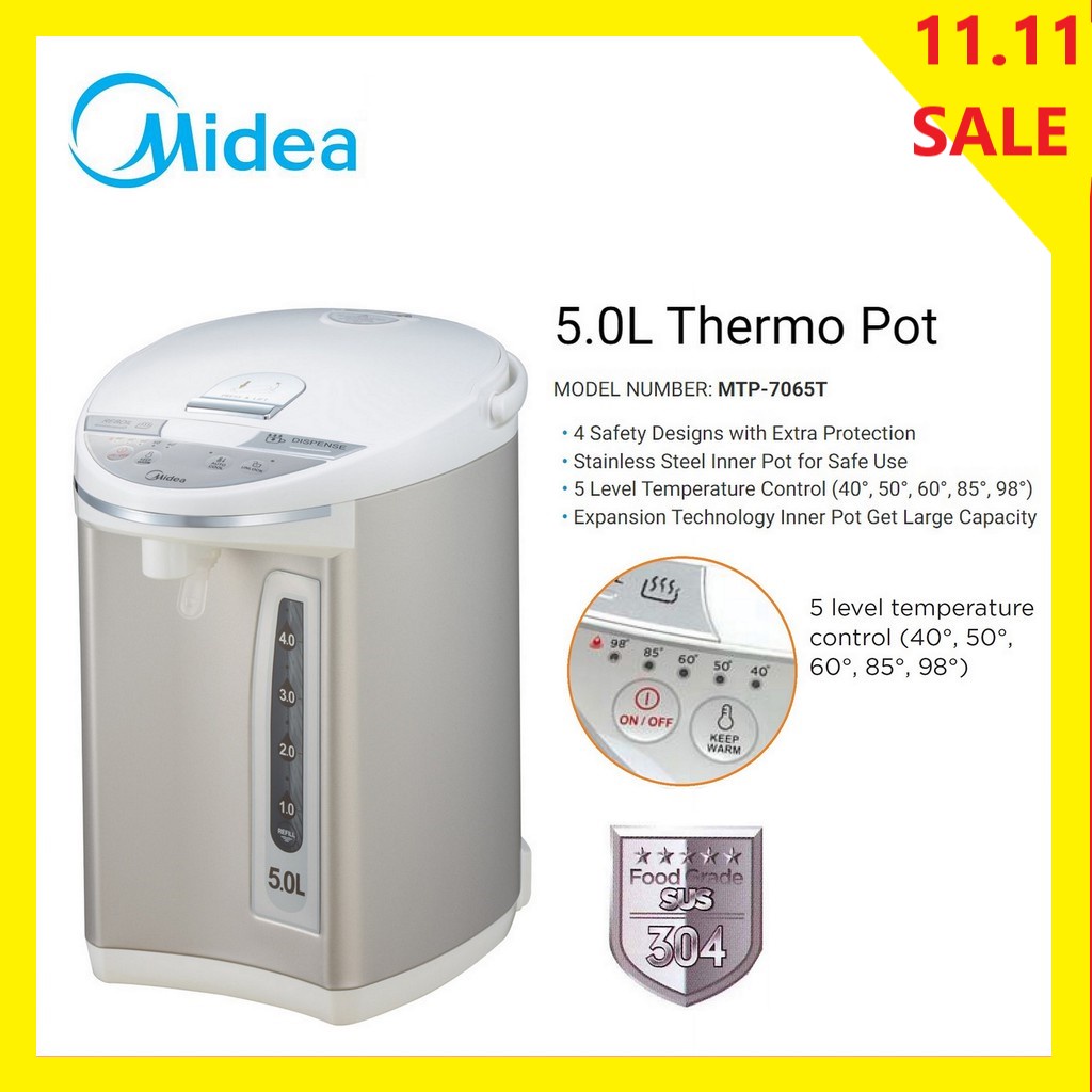 Midea 5L Temperature Control Stainless Steel Inner Thermo Pot MTP-7065T ...