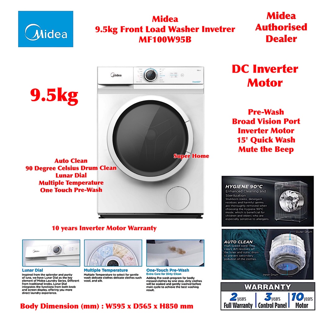 Midea Washer Machine MF100W95B 9.5kg Front Load Washer Machine Inverter ...