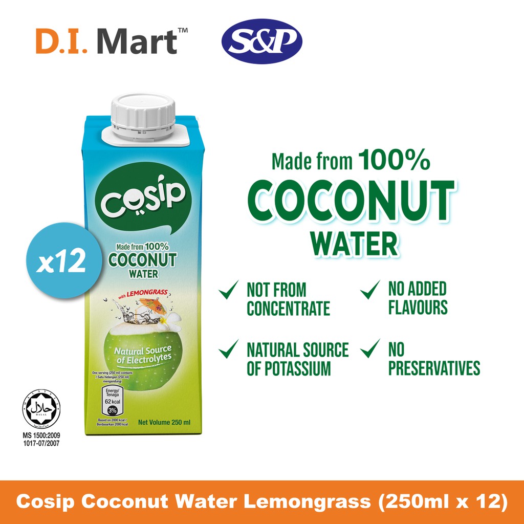 Cosip Coconut Water Lemongrass Air Kelapa Serai (250ml x12) | Shopee ...