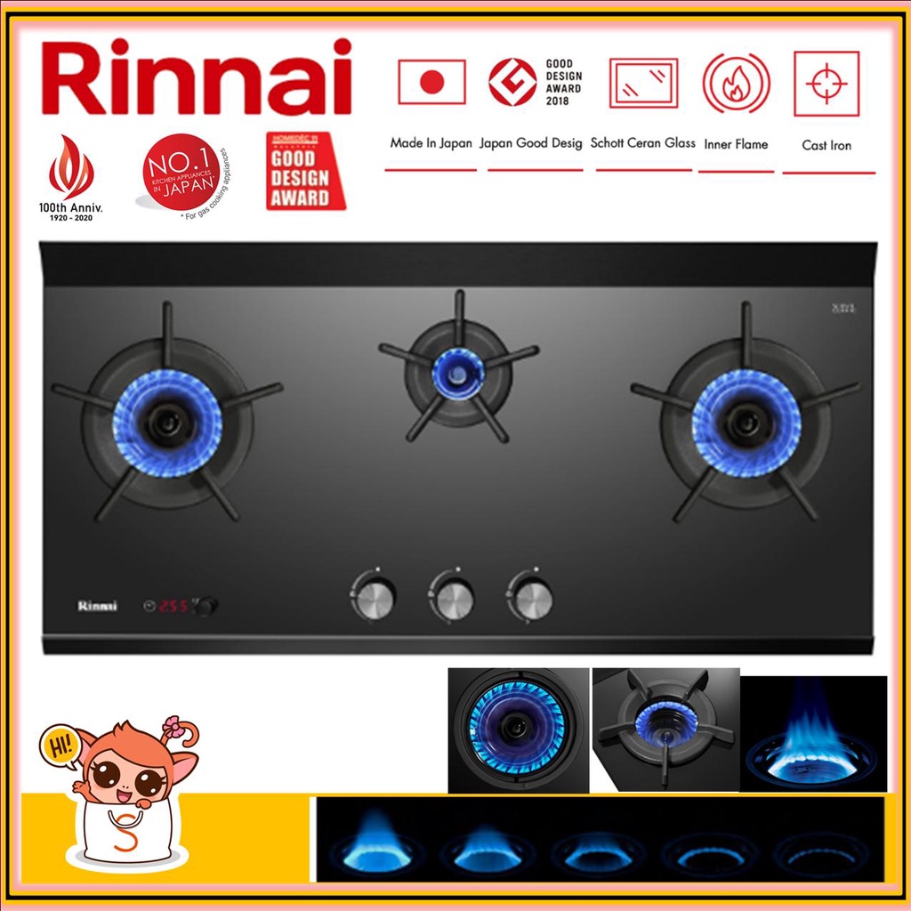 🔥RINNAI🔥 RB-3CGT 3 Inner Burner Gas Hob (Glass) Built-in Gas Stove RB3CGT | Shopee Malaysia