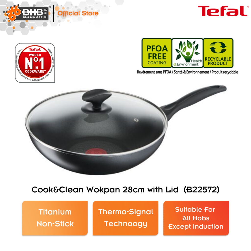 Tefal Cook & Clean Wok Pan (28cm / 20cm / 30cm] Black With Lid) ~ (B22572 / B22502 / B22507 ...