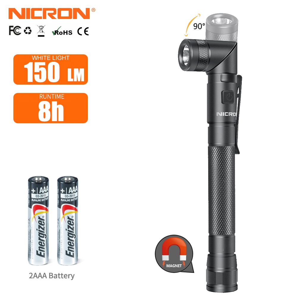 NICRON LED Flashlight N73 Dual Fual Magnet 90 Degree Twist Head Water ...