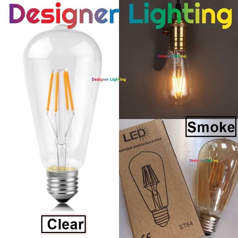 [1Pc 4W ST64 E27] Designer Lighting Edison Bulb Led Clear Glass or Smoke Glass Bulb Lampu ...