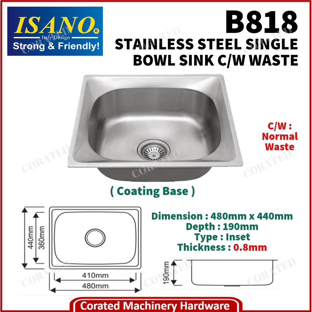 [CORATED] ISANO Stainless Steel Single Bowl Sink C/W Waste B818 ...