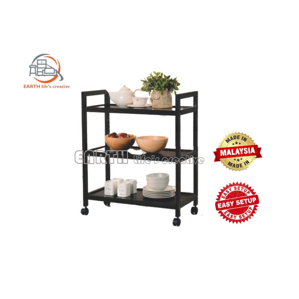 EARTH 3 Tier Wooden Kitchen Trolley with Castor/Wooden Trolley Storage ...