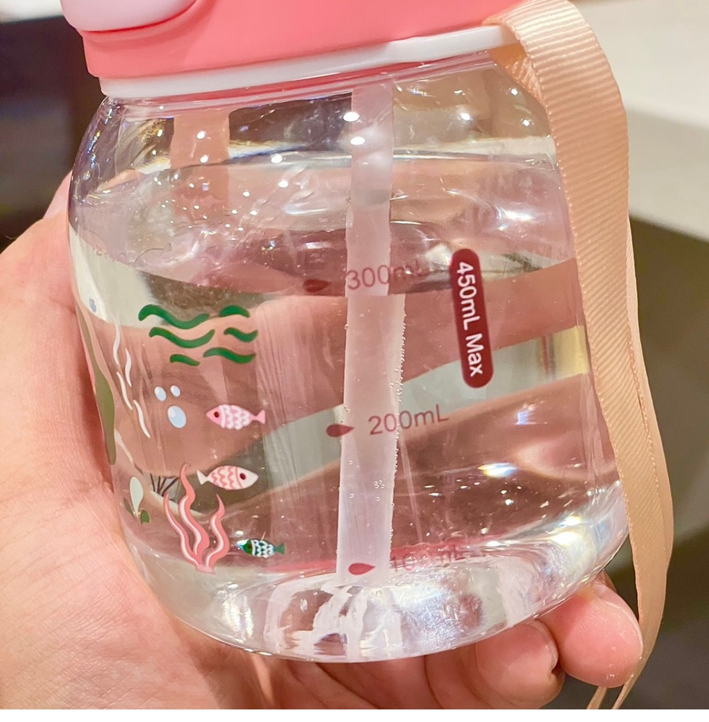 450ML Kids Water Bottle Cute Cartoon Drinking Bottle with Straw and Strap BPA Free Botol Air ...