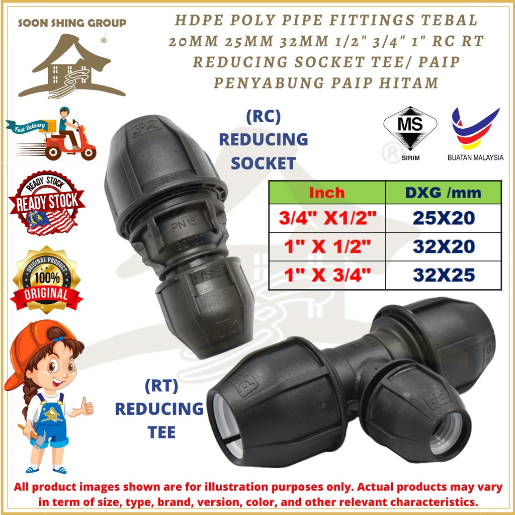 HDPE Poly Pipe Fittings Tebal 20mm 25mm 32mm 1/2" 3/4" 1" RC RT ...