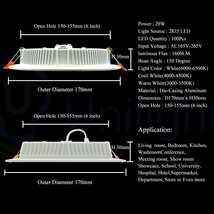 Unilight LED Bulat 6 inci 20W PanelLight Downlight Lampu Siling Lampu ...