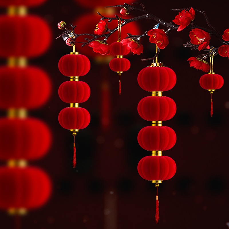Mini Flocking Red Lanterns Chinese New Year Lantern DIY Chinese Plastic ...