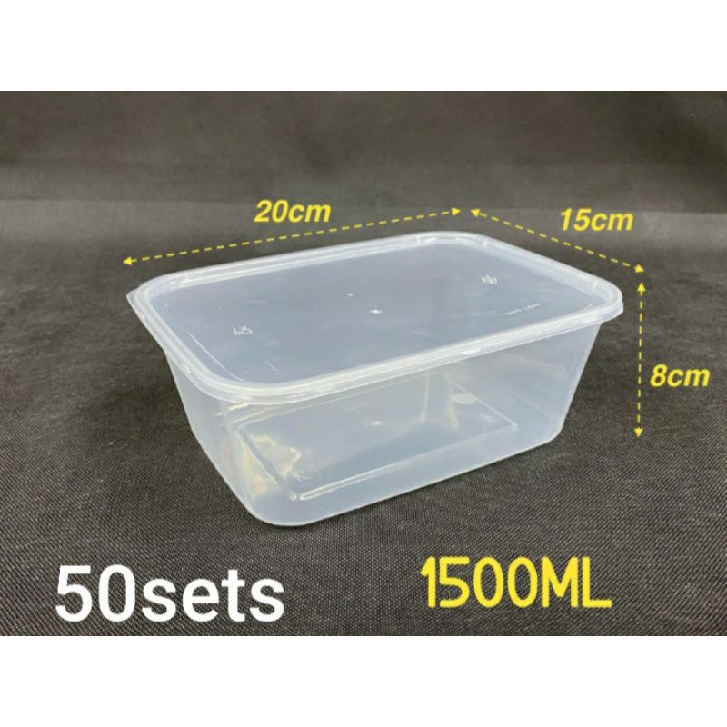 (50 SETS) Rectangular Plastic Food Container With Lid 1500ml / Bekas ...