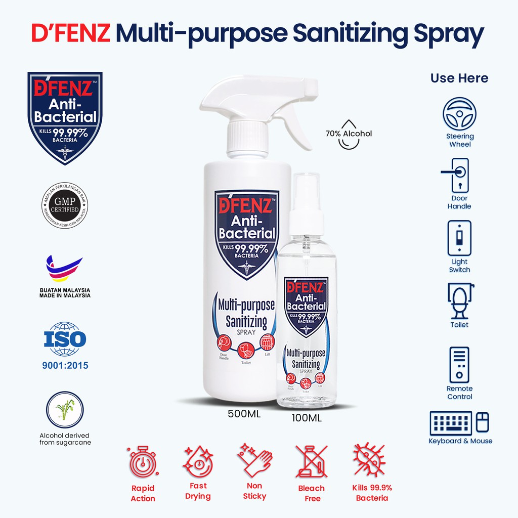 DFENZ Multipurpose Sanitizing Spray 70% (100ml/ 500ml) | Shopee Malaysia