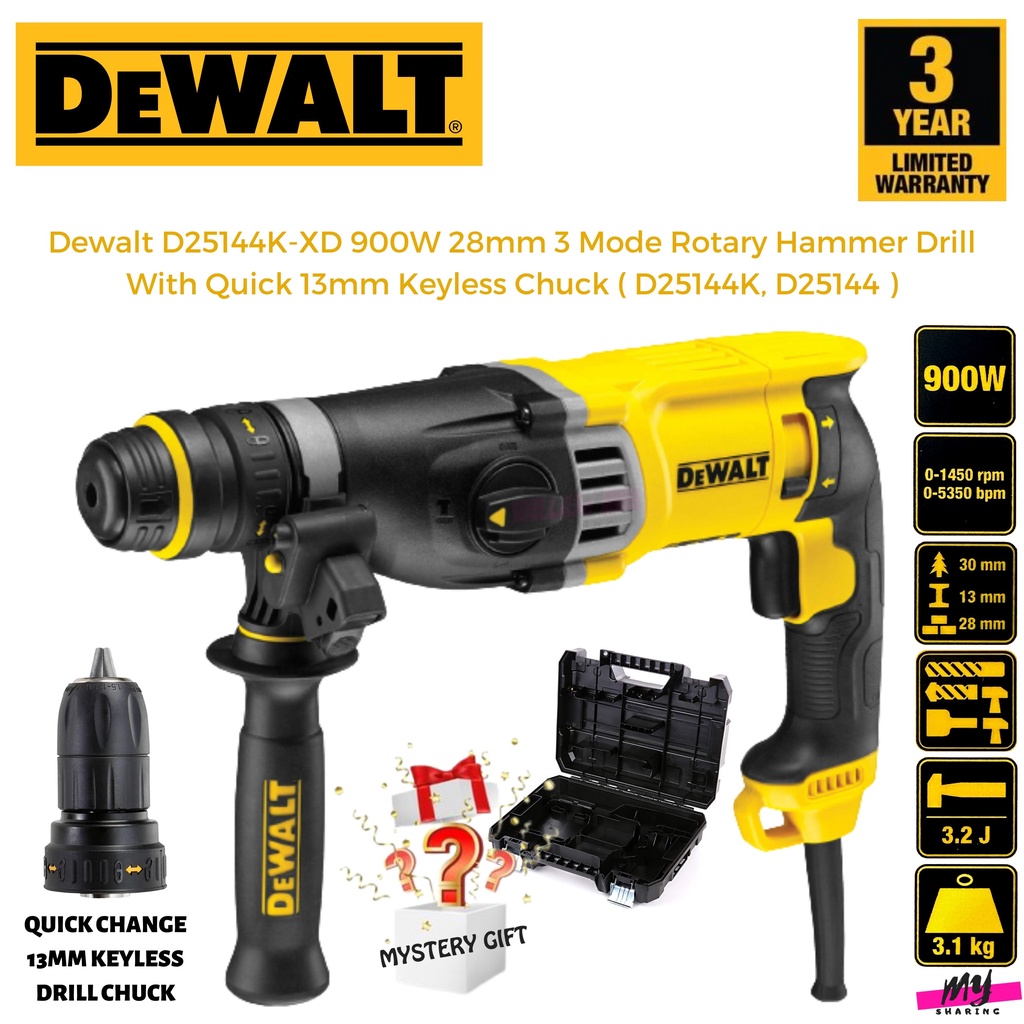 DEWALT D25144K-XD 900W 28mm 3 Mode Rotary Hammer Drill With Quick 13mm ...