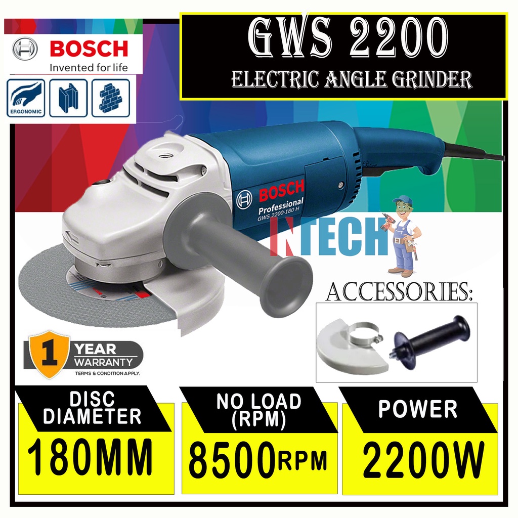 BOSCH GWS 2200 /GWS2200 ELECTRIC ANGLE GRINDER 180MM ( 2200W ) | Shopee ...