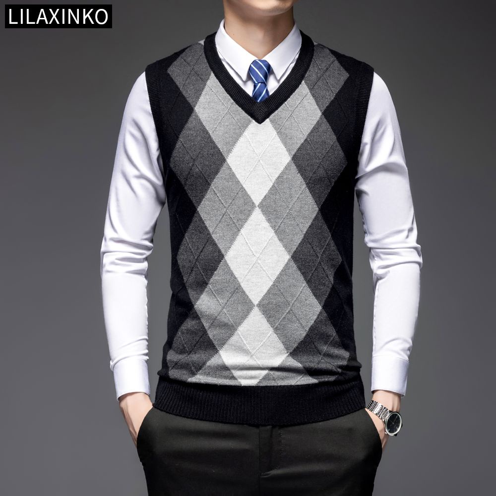 4 Color Men Vest Sleeveless Wool Sweater V Neck Checkered Plaid Striped ...
