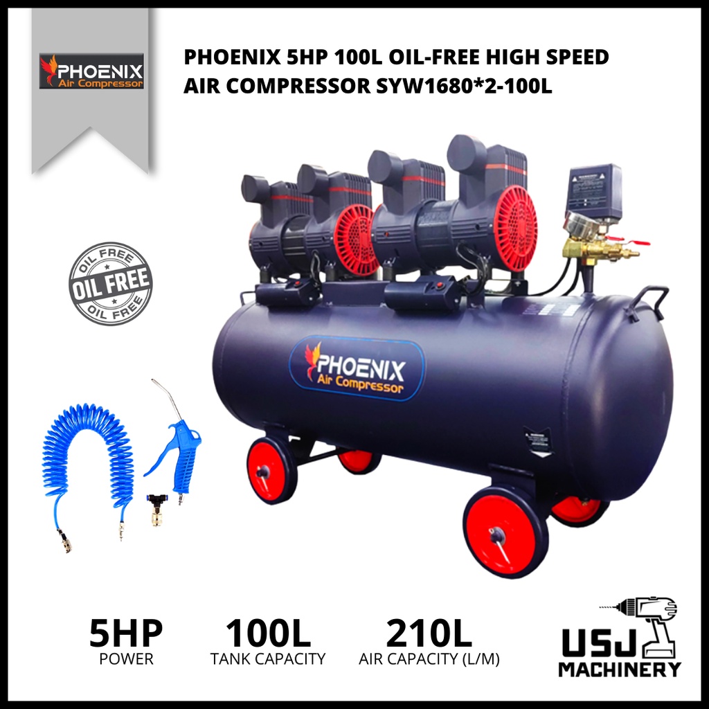 PHOENIX 5HP 100L Oil Free High Speed Air Compressor SYW1680 2-100L | 6 ...
