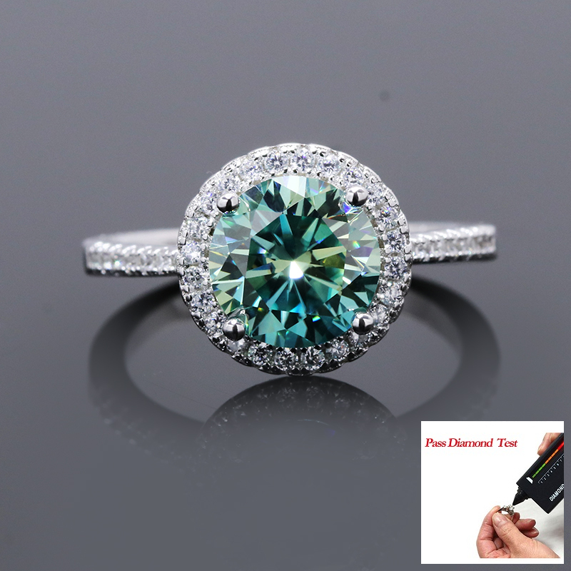 Real Blue Moissanite Diamond Ring Sterling S925 2ct Round Ring Round Hearts and Arrows With GRA ...