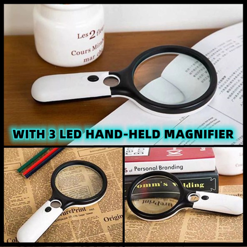 MAGNIFIER DOUBLE LENS WITH 3 LED LIGHTS HAND HELD MAGNIFYING GLASS 3X ...