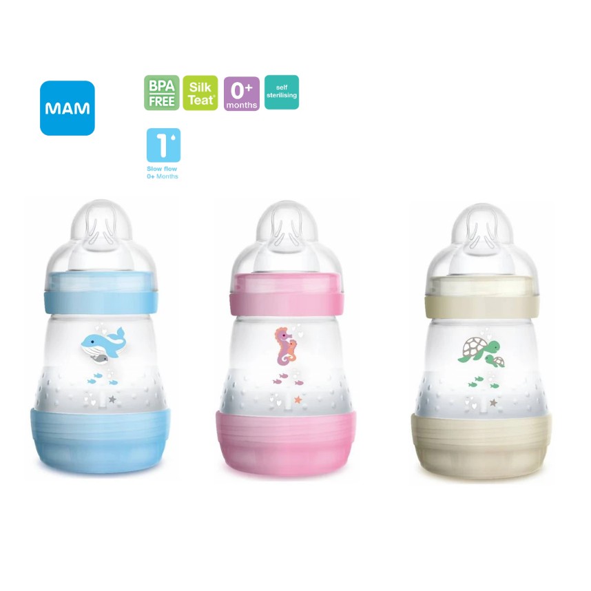 MAM Easy Start Anti Colic Bottle Self Sterilising Baby Bottle with Slow Flow Silicone Teat ...
