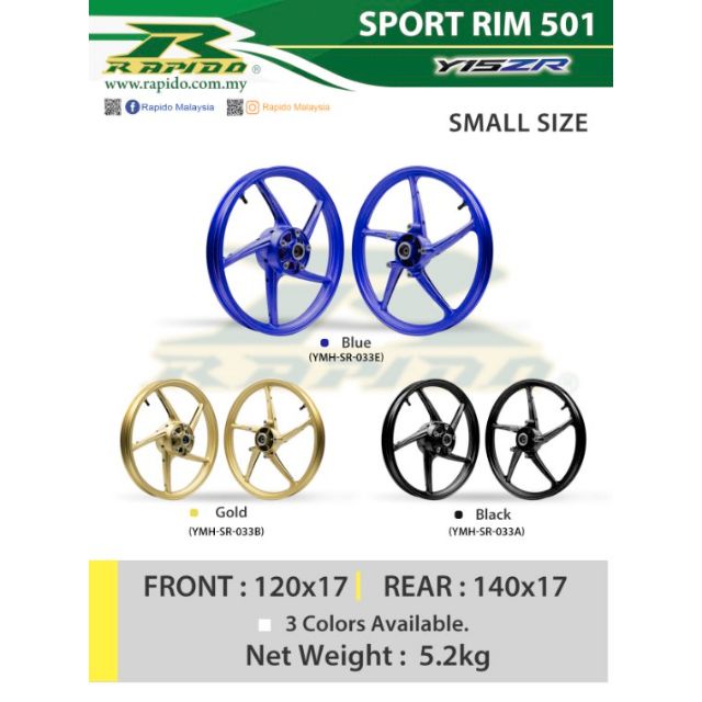 Y15ZR Sport Rim Rapido 501 120/140-17 (Black) | Shopee Malaysia