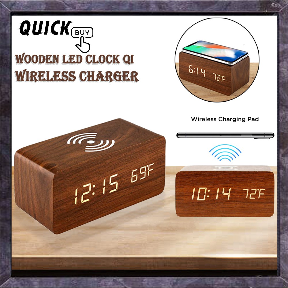 QuickBuy Wooden LED Clock Qi Wireless Handphone Charger 3 in 1 Fast ...
